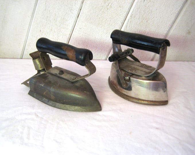 Antique Sad Irons, Black Cast Iron, Green Metal Wood Handle, 1800s ...