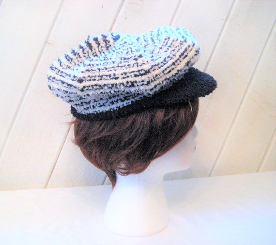 Navy blue and white striped beret with visor, knitted… - Gem