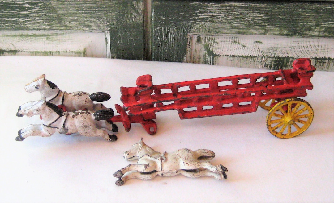 Antique Cast Iron Toy Parts, White Galloping Horses, Red Long Metal ...
