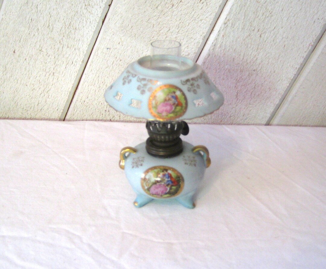 Vintage Oil Lamp, Small Petite Footed Oil Lamp, Light Turquoise Blue ...