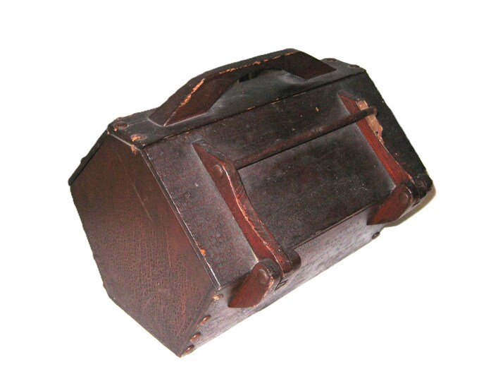 Antique Brown Wood Sewing Box, Rustic Primitive, Carrying Craft Box ...