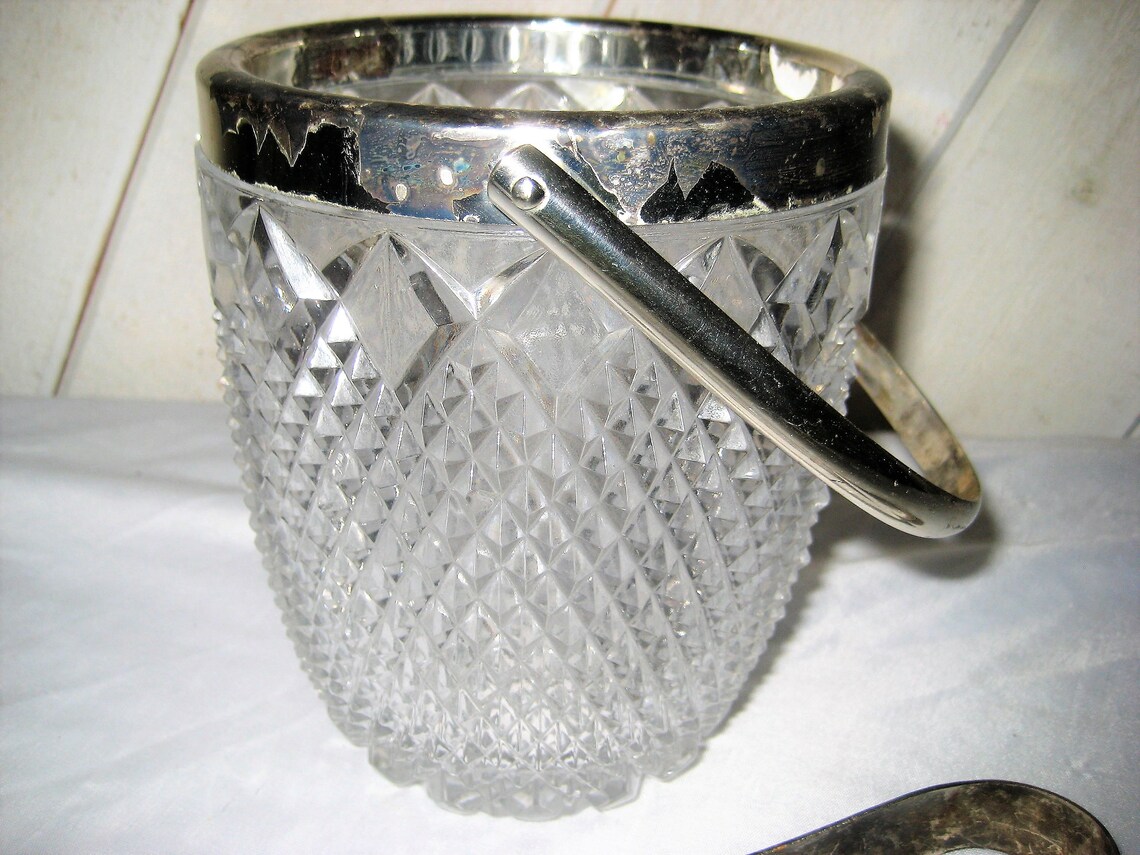 Cut Glass Ice Cube Bucket, Diamond Cut Glass, Decorative Silver Tongs ...