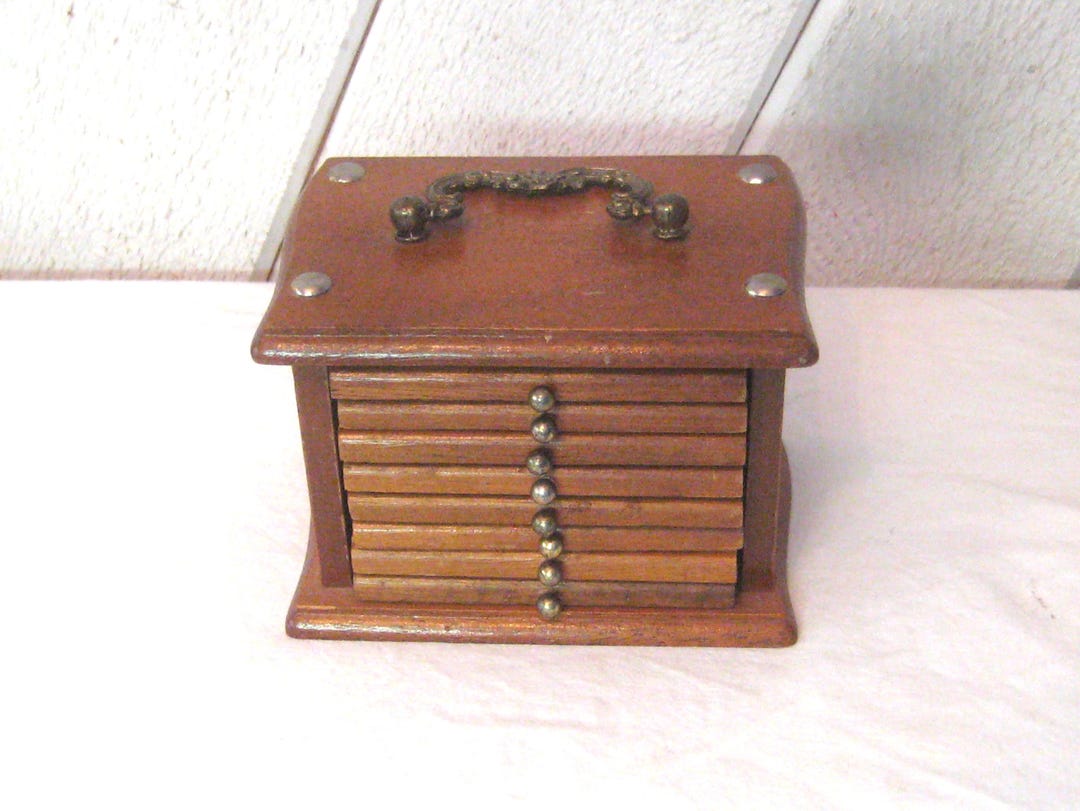 Vintage Brown Wood Coaster Caddy Set of 8, Cork Wooden Coasters, 70s ...