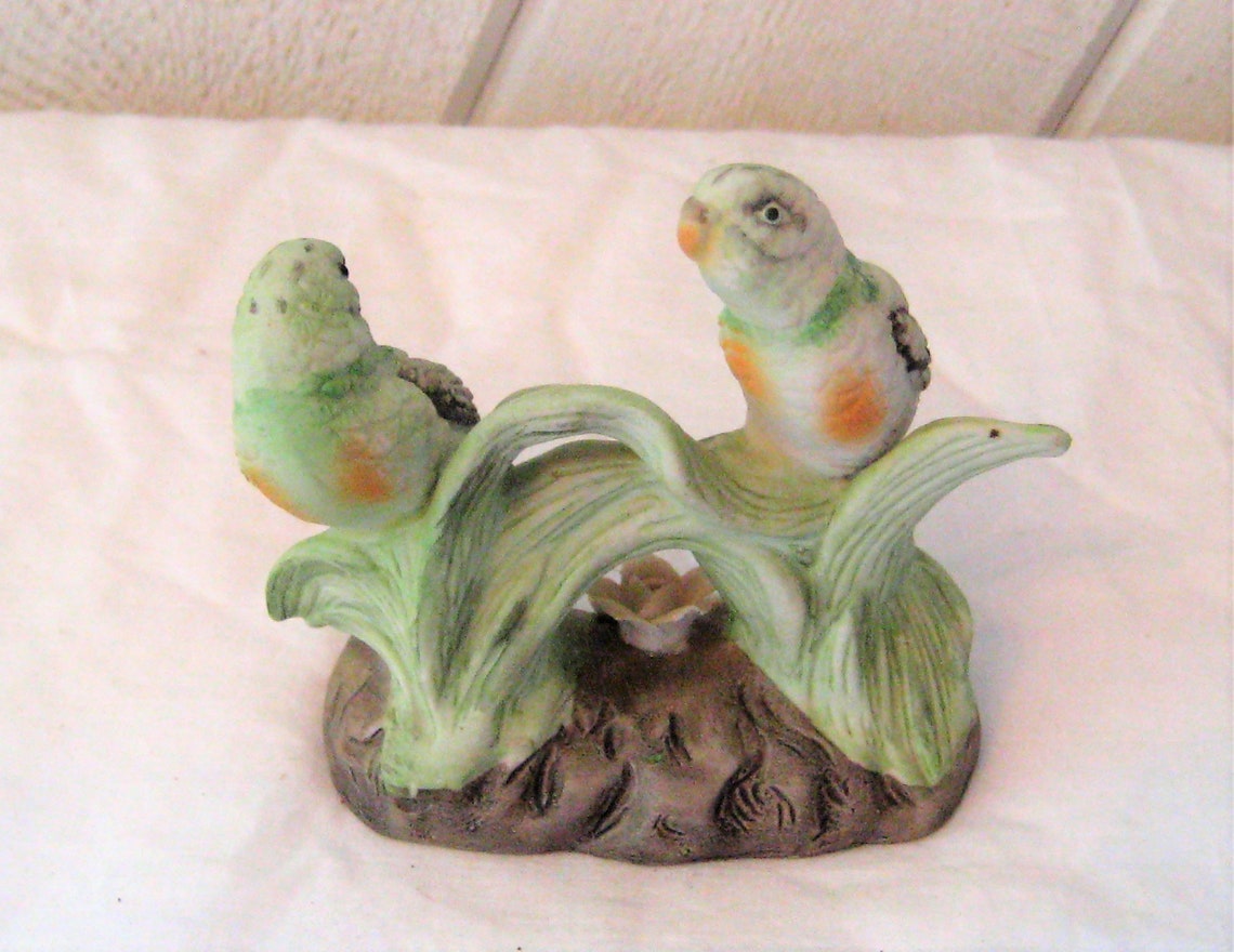 Vintage Porcelain Parakeet Statue Pair of Bright Green Exotic | Etsy