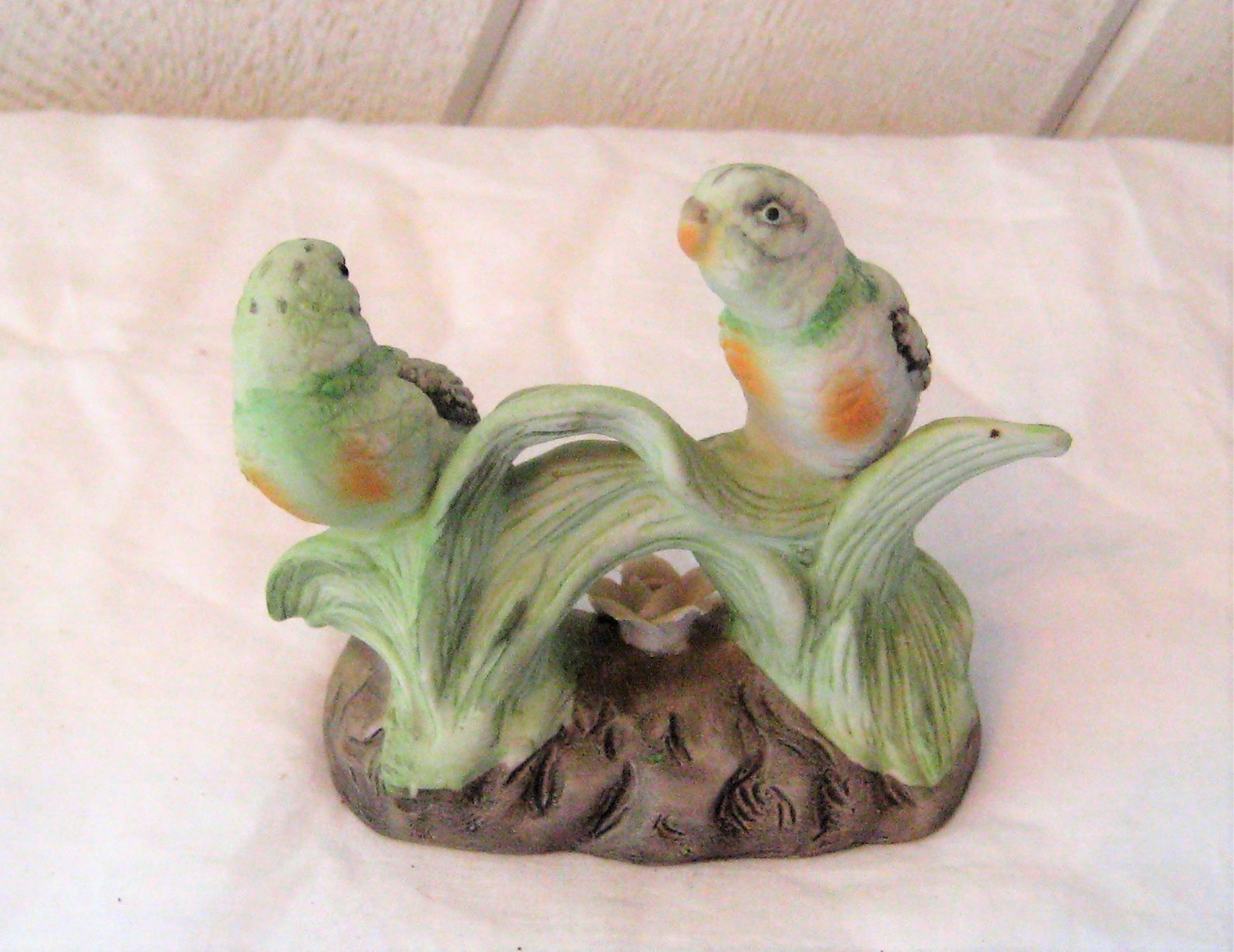Vintage Porcelain Parakeet Statue Pair of Bright Green Exotic | Etsy
