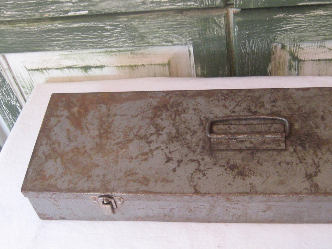 Long Narrow Metal Tool Box, Rustic Distressed, Primitive Thin Box ...