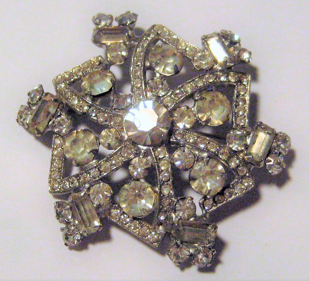 Antique Pinwheel Brooch, Clear Rhinestones, Large Round Womens Lapel ...