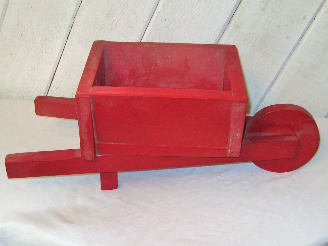 Small Red Wood Wheel Barrel, Outdoor Planter, Porch Decor, Solid Wood ...