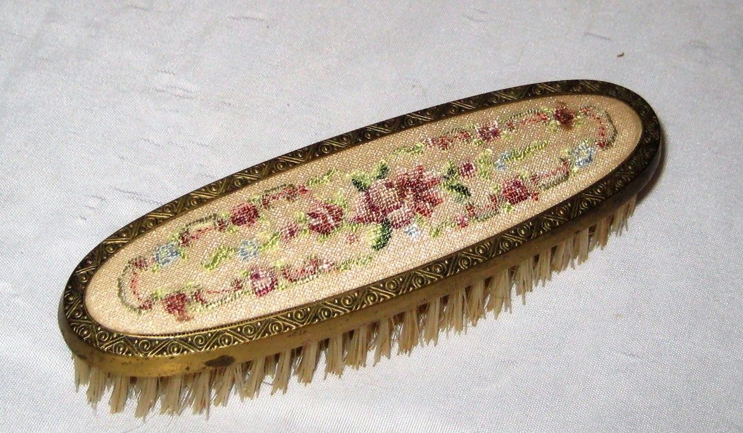 Antique Womens Clothes Brush, Needlepoint, Brass Filigree Brush ...