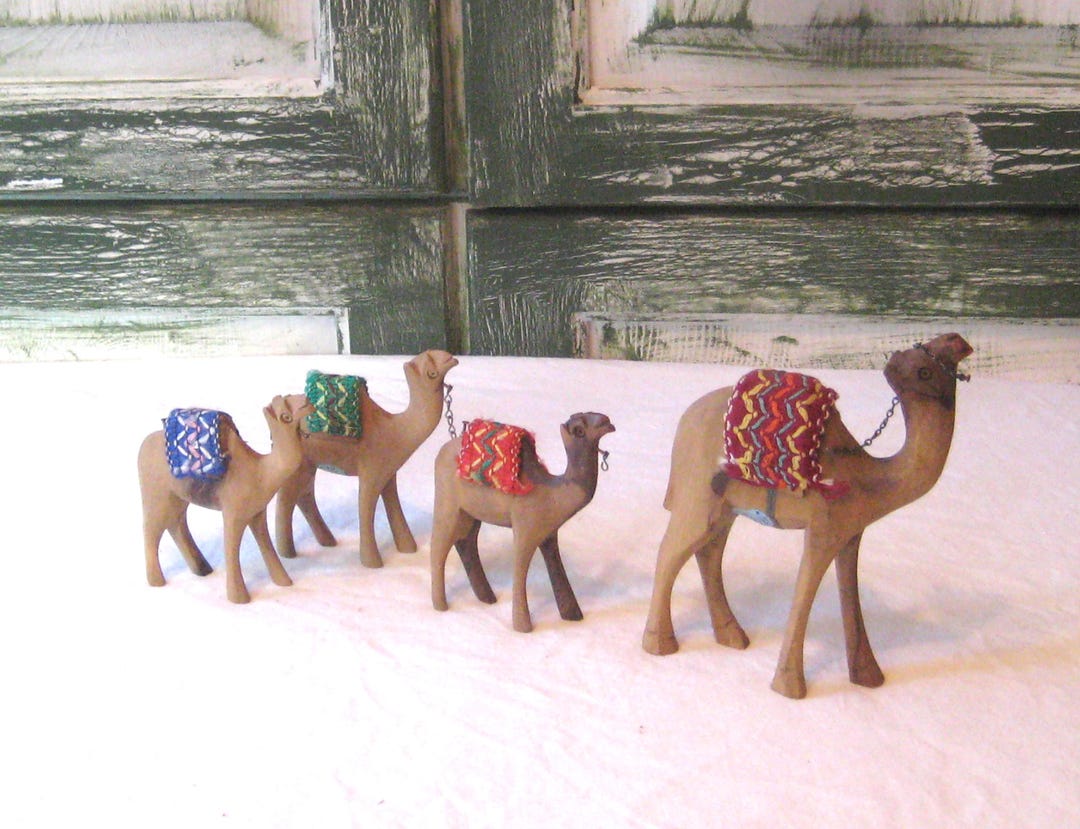 Antique Hand Carved Camels, Middle Eastern Worm Wood, Set of 4, Wooden ...
