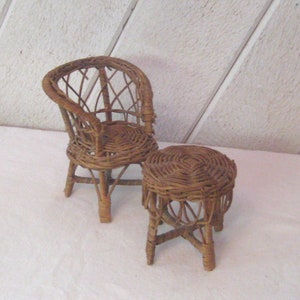Vintage Miniature Wicker Chair and Ottoman Stool, Doll Chair, Mid ...