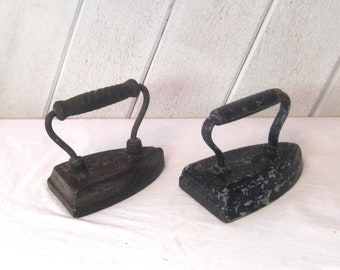 Antique Sad Irons, Black Cast Iron, Green Metal Wood Handle, 1800s ...