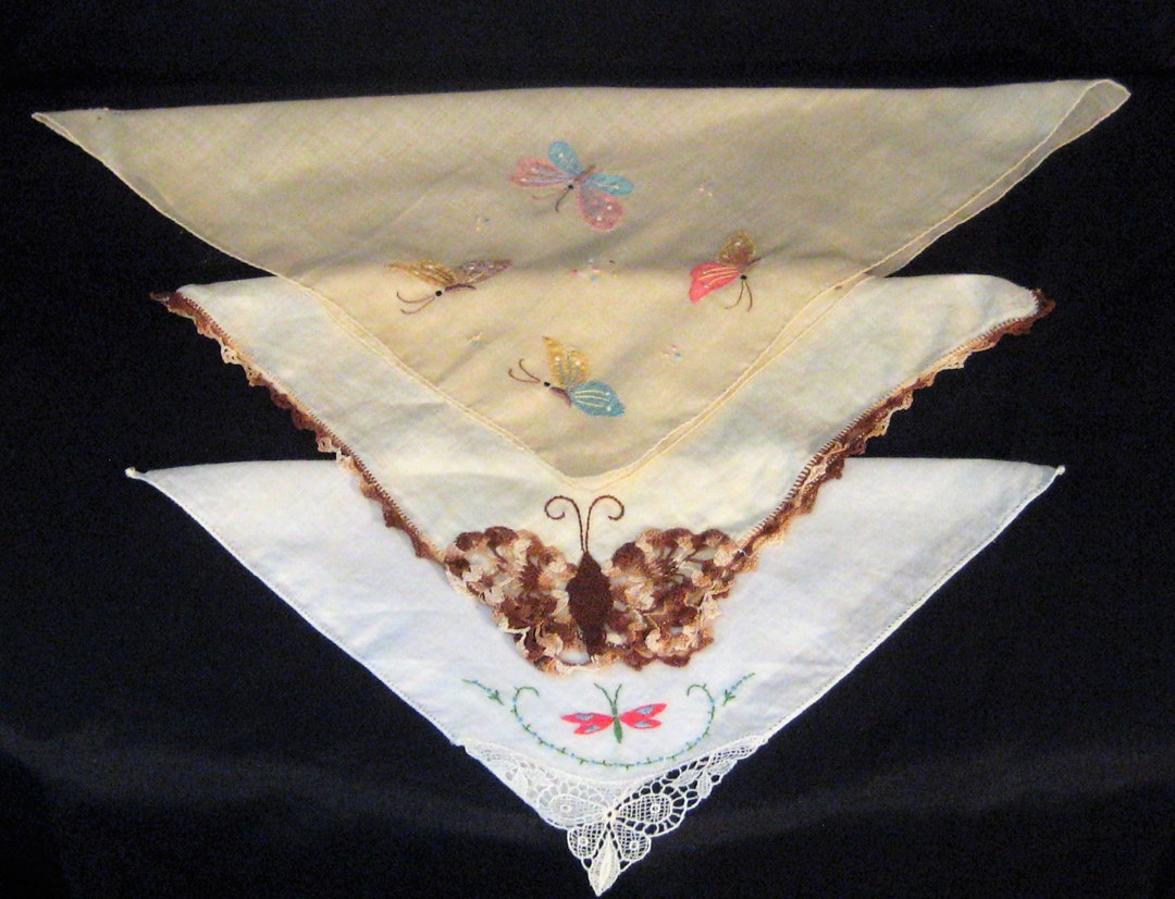 Collection of 3 Vintage Handkerchiefs, Embroidered Butterflies, White ...