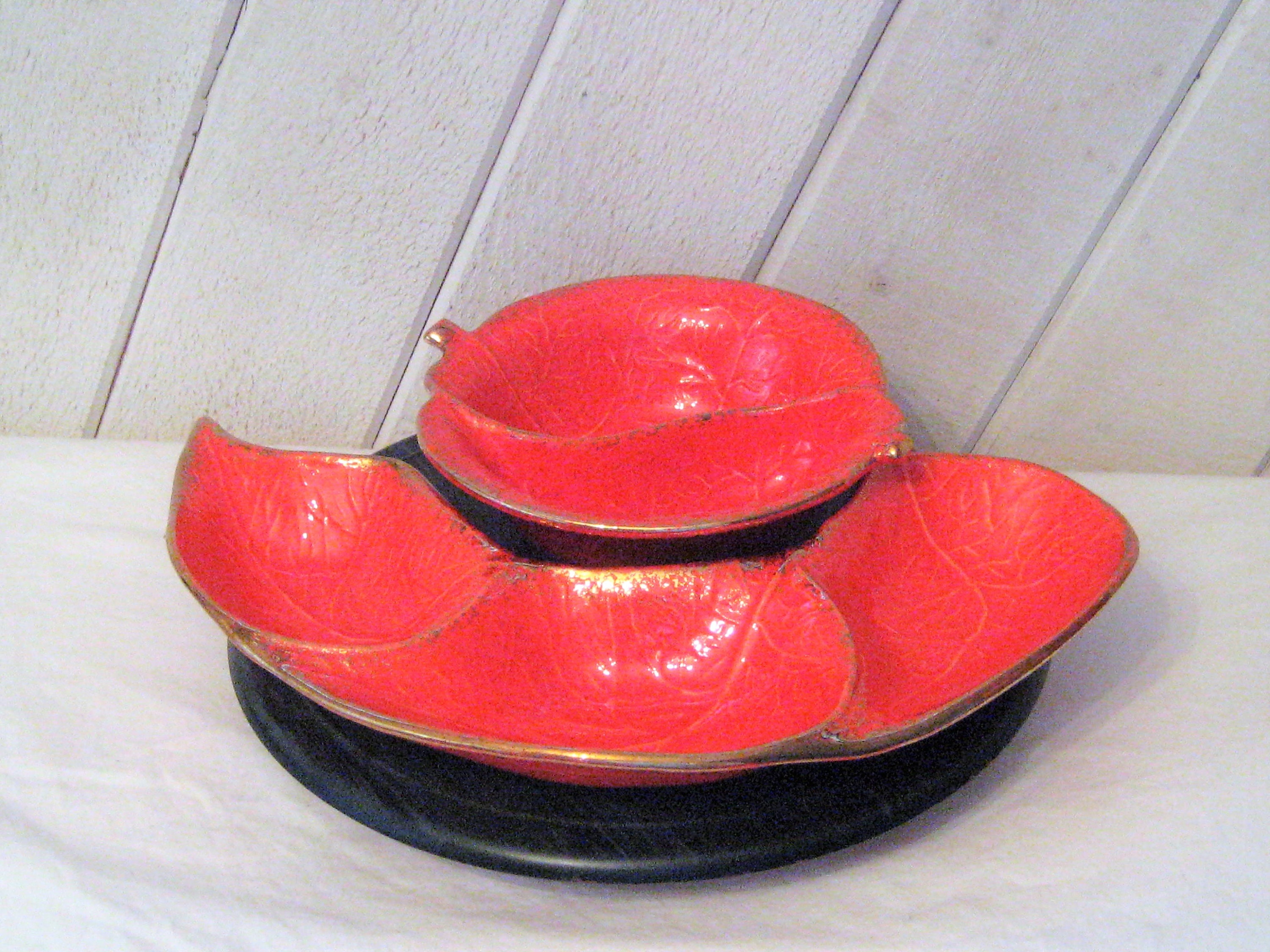 Red Ceramic Dip Bowl Divided Semi Circle Bowl Tray Leaf Mid - Etsy