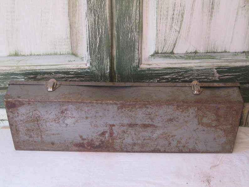 Long Narrow Metal Tool Box, Rustic Distressed, Primitive Thin Box ...