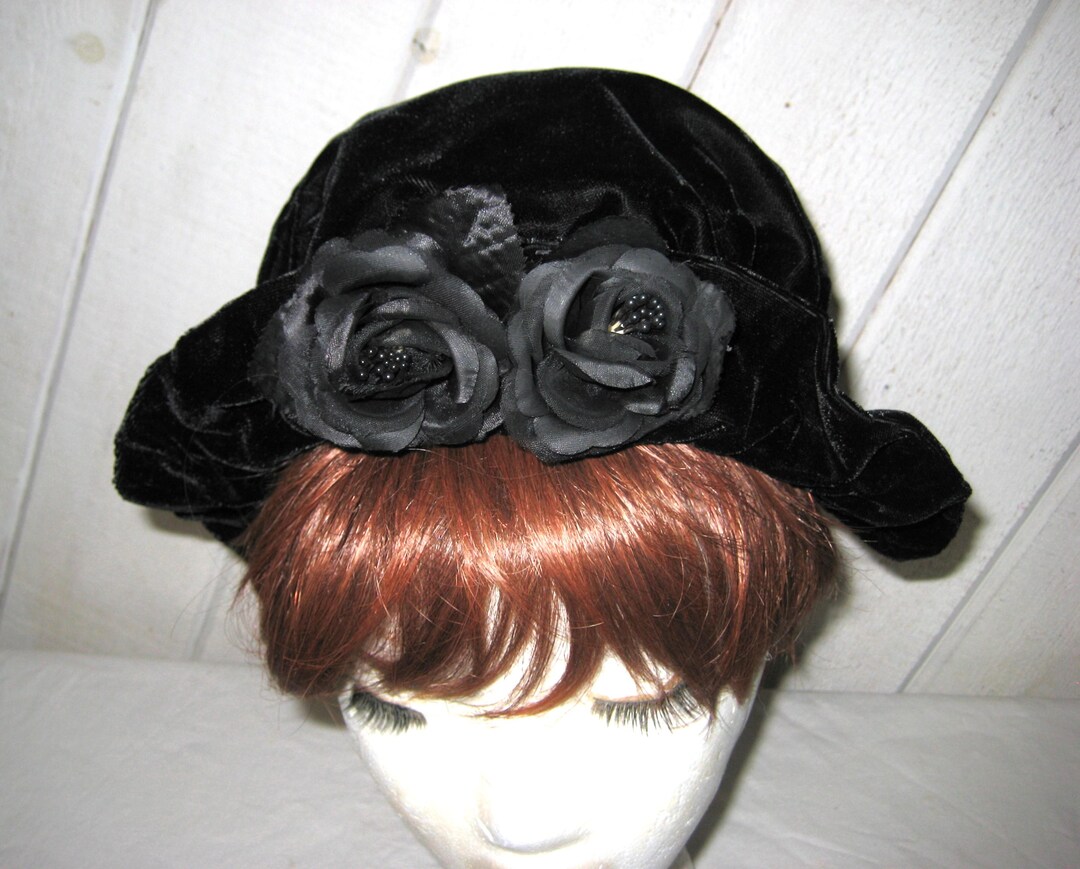 Vintage Black Velvet Bonnet Hat, Black Silk Flowers, Ruffled Rim ...