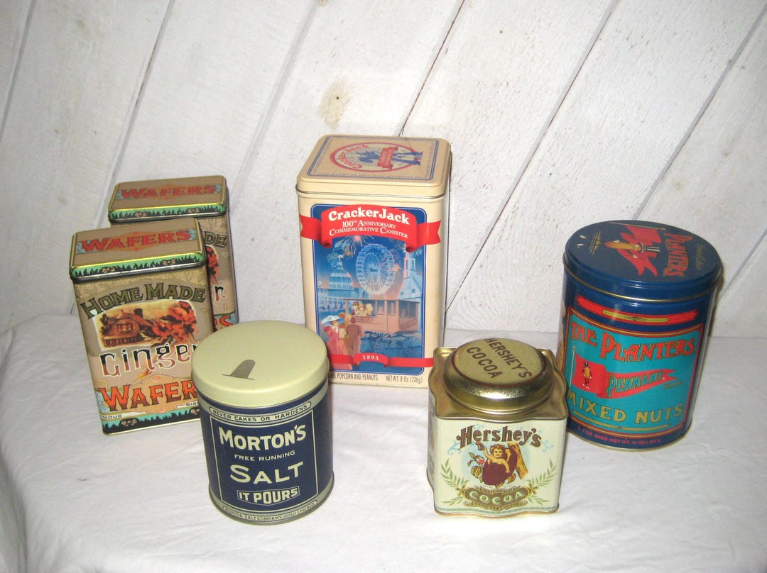 Vintage Food Tins, Ginger Wafers, Cracker Jack, Planter Peanuts, Morton ...