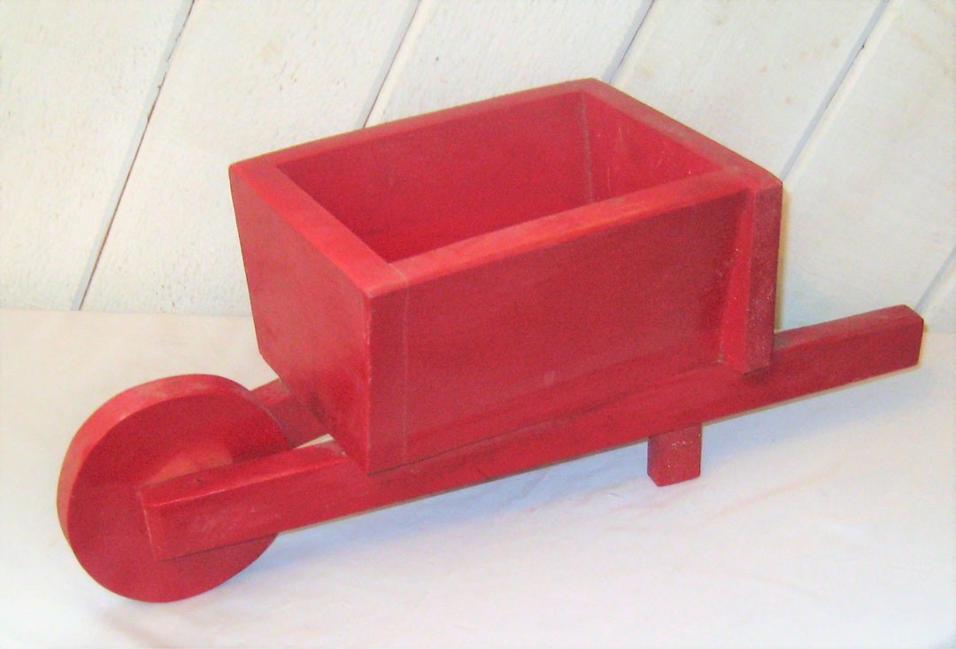 Small Red Wood Wheel Barrel, Outdoor Planter, Porch Decor, Solid Wood ...
