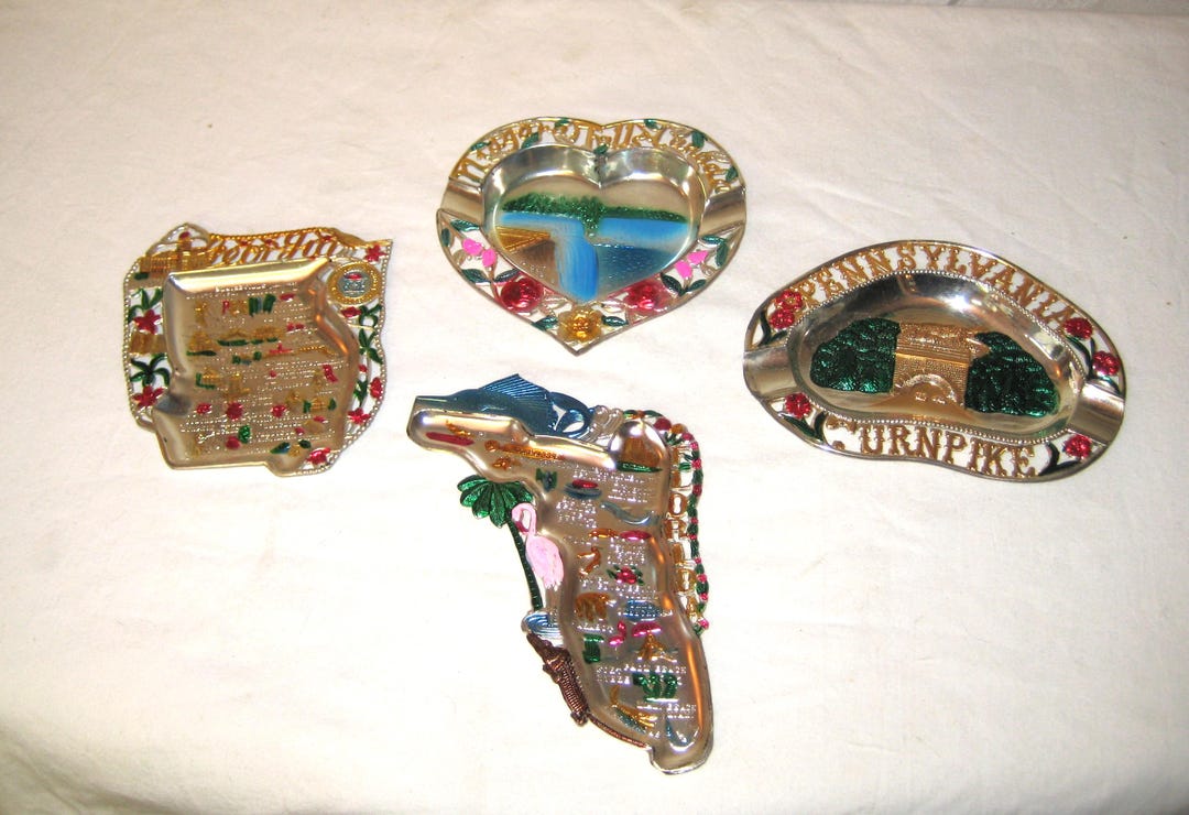 Vintage Tin Metal State Trays Ashtrays, Georgia, Florida, Niagara Falls Canada, Pennsylvania ...