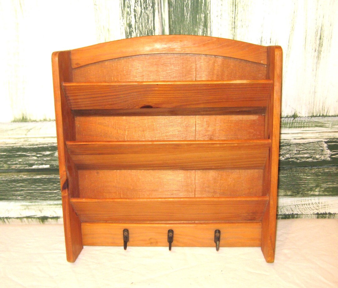 Vintage Wood Wall Letter Holder Key Hooks, Three Tiered Solid Brown ...