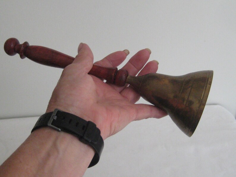 Large Brass Bell With Wood Handle Dinner Bell Tarnished - Etsy