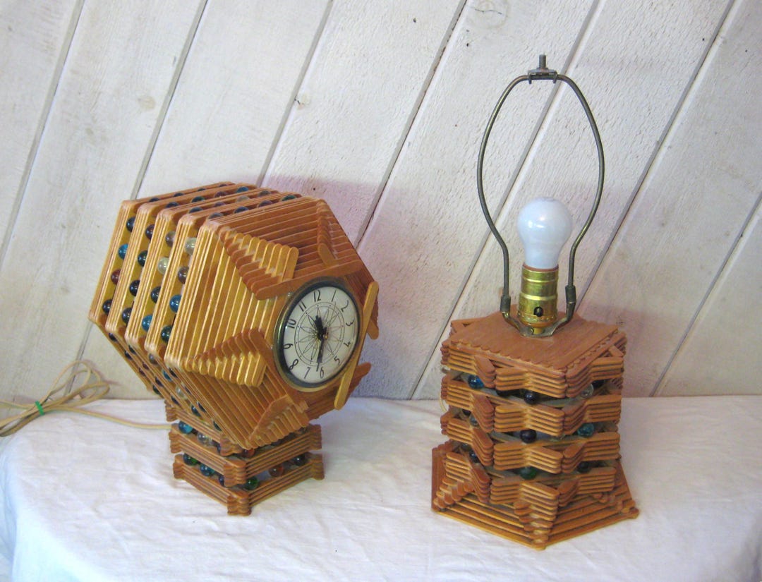 Vintage Popsicle Stick Table Lamp, Genuine Marbles Clock Lamp, Hexagon ...