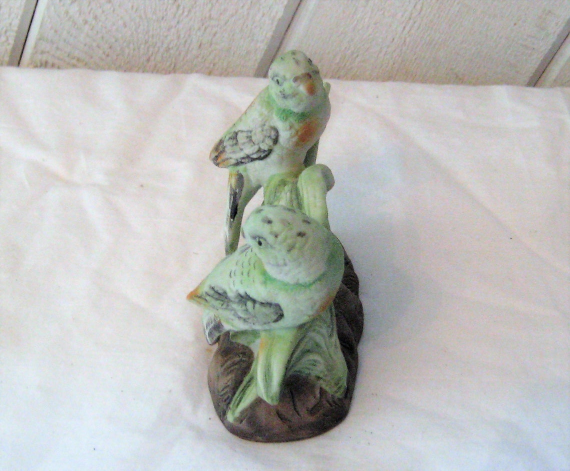 Vintage Porcelain Parakeet Statue Pair of Bright Green Exotic - Etsy