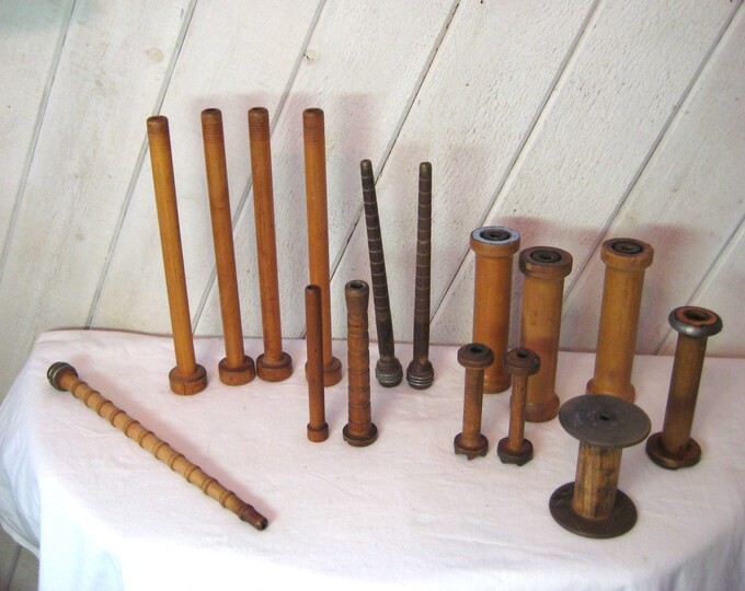 Antique Large Wooden Spools, Rustic Primitive Tall Wood Spindle Bobbins ...