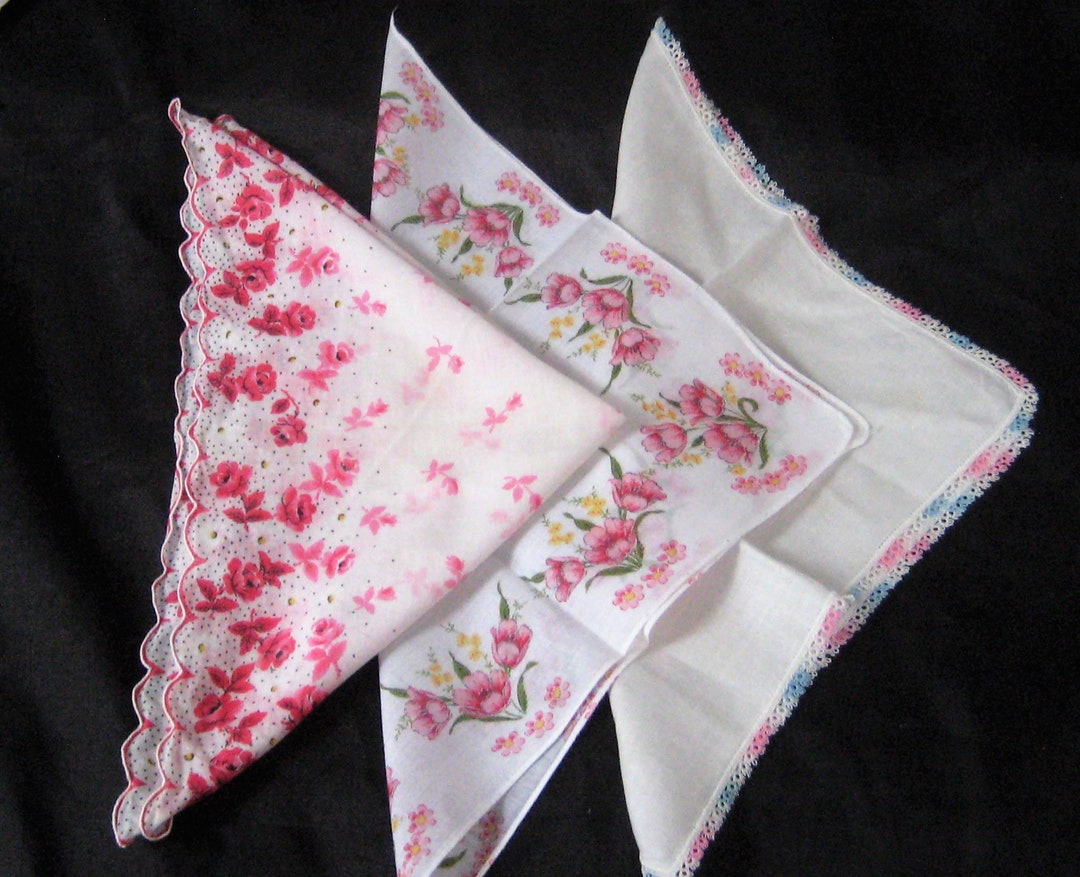 Collection of 3 Womens Handkerchiefs Pink White Floral Ladies - Etsy