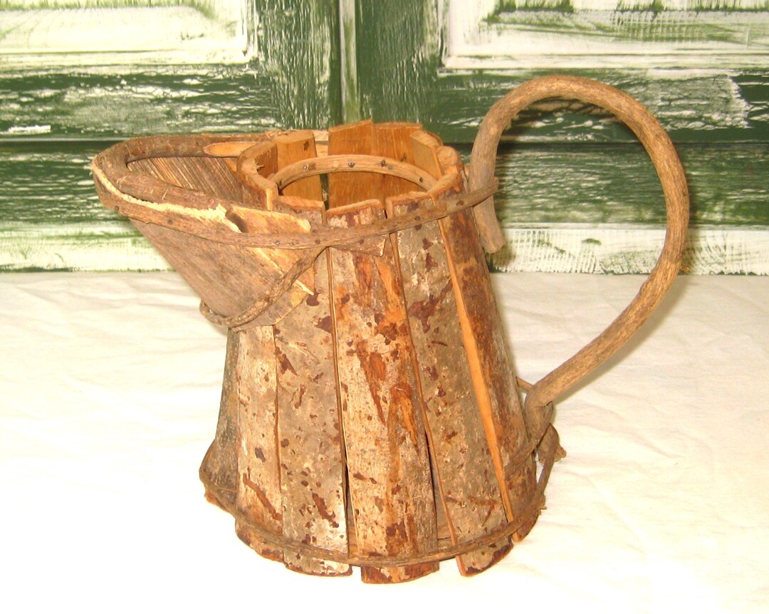 Vintage Handmade Wooden Pitcher, Birch Bark Wood Indoor Planter, Wood ...