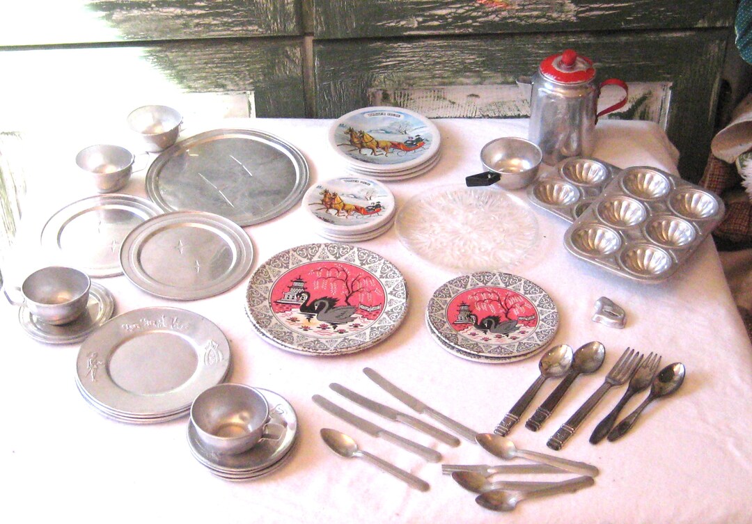Antique Large Collection of Tin Childs Dishes, Muffin Pans Coffee Pot ...