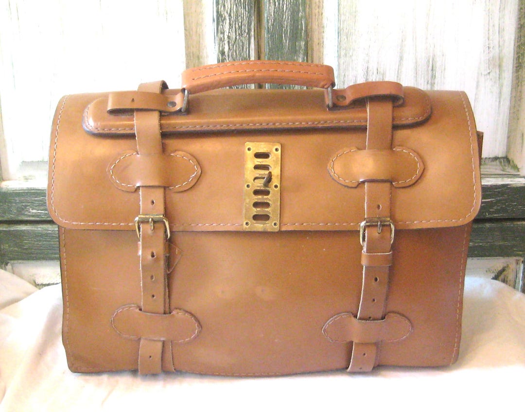 Vintage Leather Briefcase, MCM Beige Brown Rustic Cowhide Leather ...