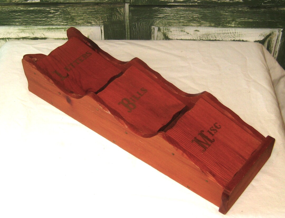 Vintage Wood Letter Holder, Brown Wooden Wall Hanging Memo Office Decor ...