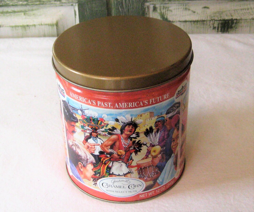 Vintage Popcorn Tin, Round Candy Metal Tin Box, Native American Style ...