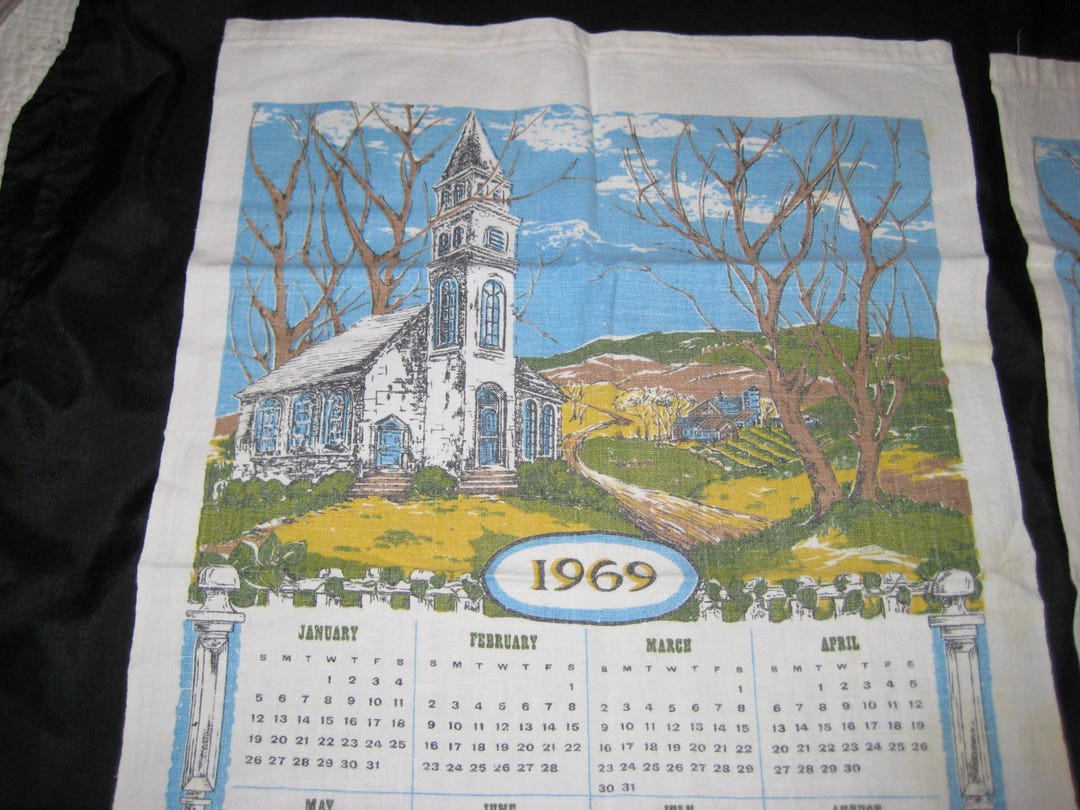 Vintage 1969 Wall Calendar Towel, Two Available, White Church in Winter ...