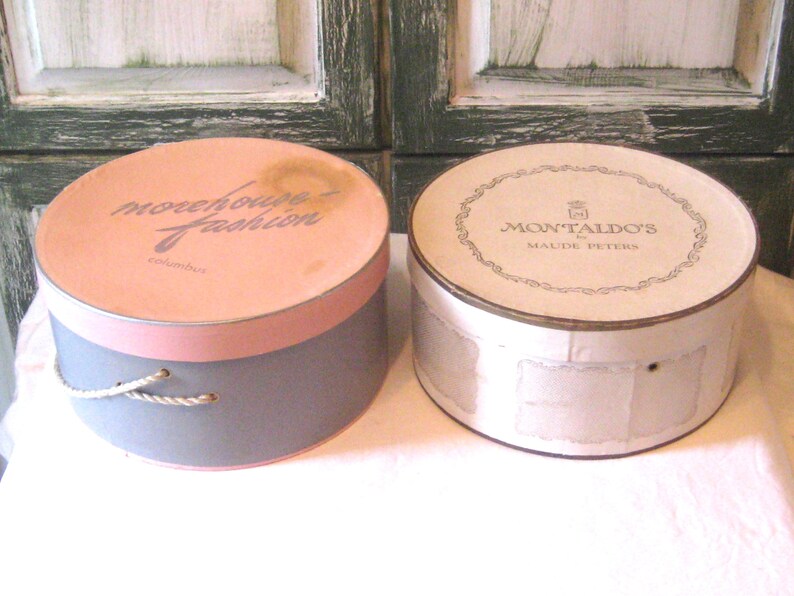 Vintage Round Cardboard Hat Box, Ivory Beige Montaldo's, Pink Gray ...