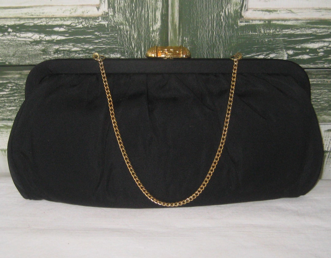 Black Fabric Clutch With Tuck in Chain Handle, Evening Purse, Formal ...