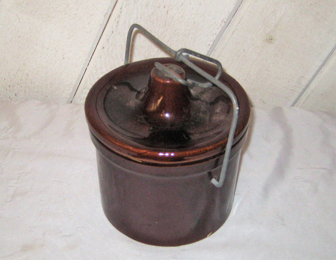 Brown Glazed Crock Jar, Stoneware Jar, Heavy Pottery Lidded Jar, Metal ...