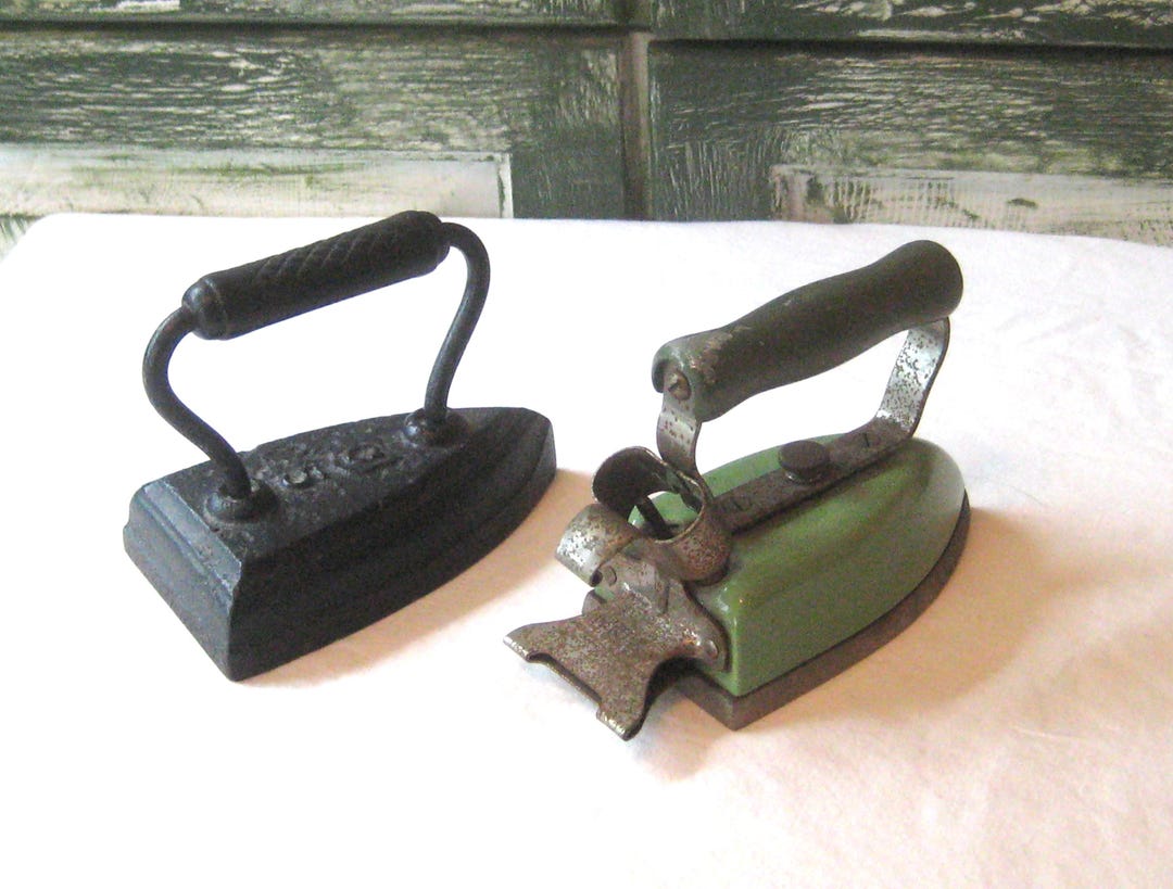 Antique Sad Irons, Black Cast Iron, Green Metal Wood Handle, 1800s ...