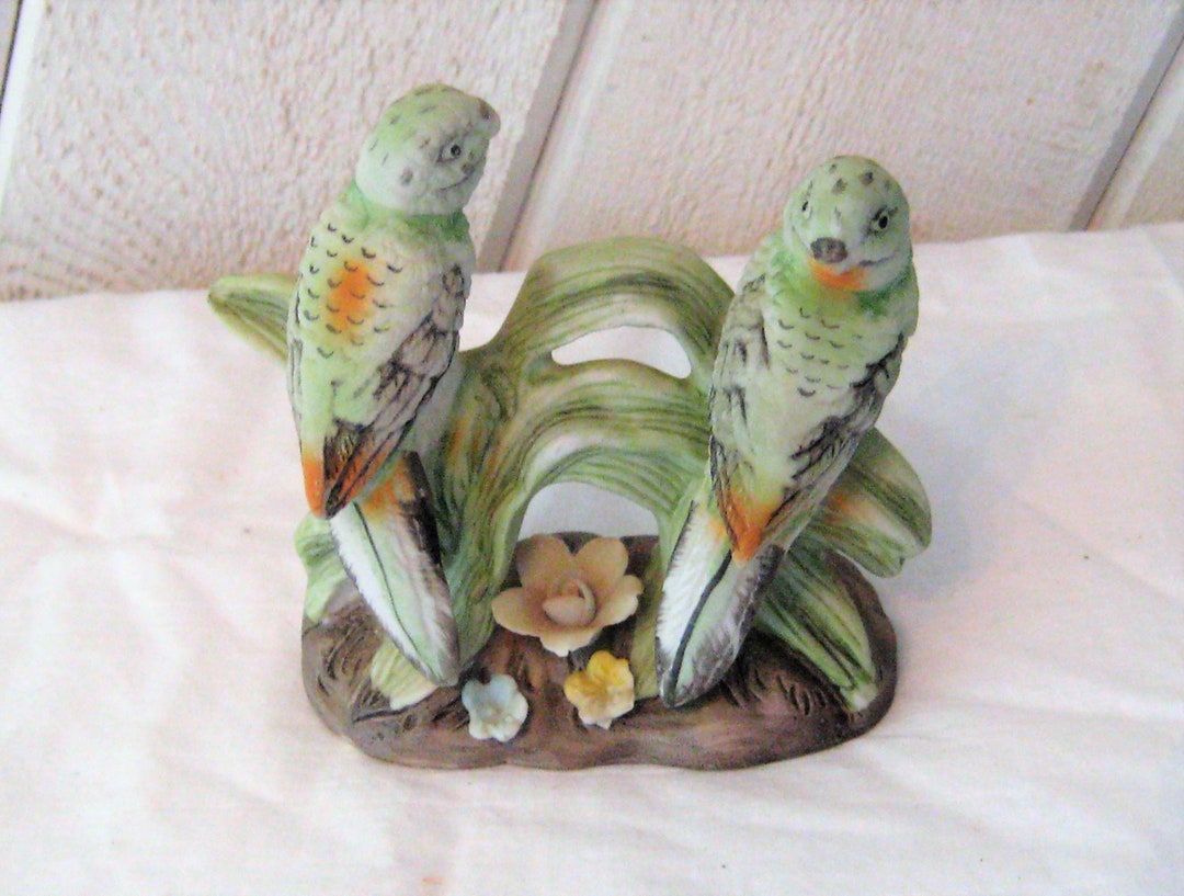 Vintage Porcelain Parakeet Statue, Pair of Bright Green Exotic Love ...