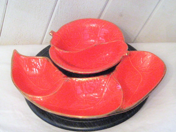 Red Ceramic Dip Bowl Divided Semi Circle Bowl Tray Leaf Mid | Etsy