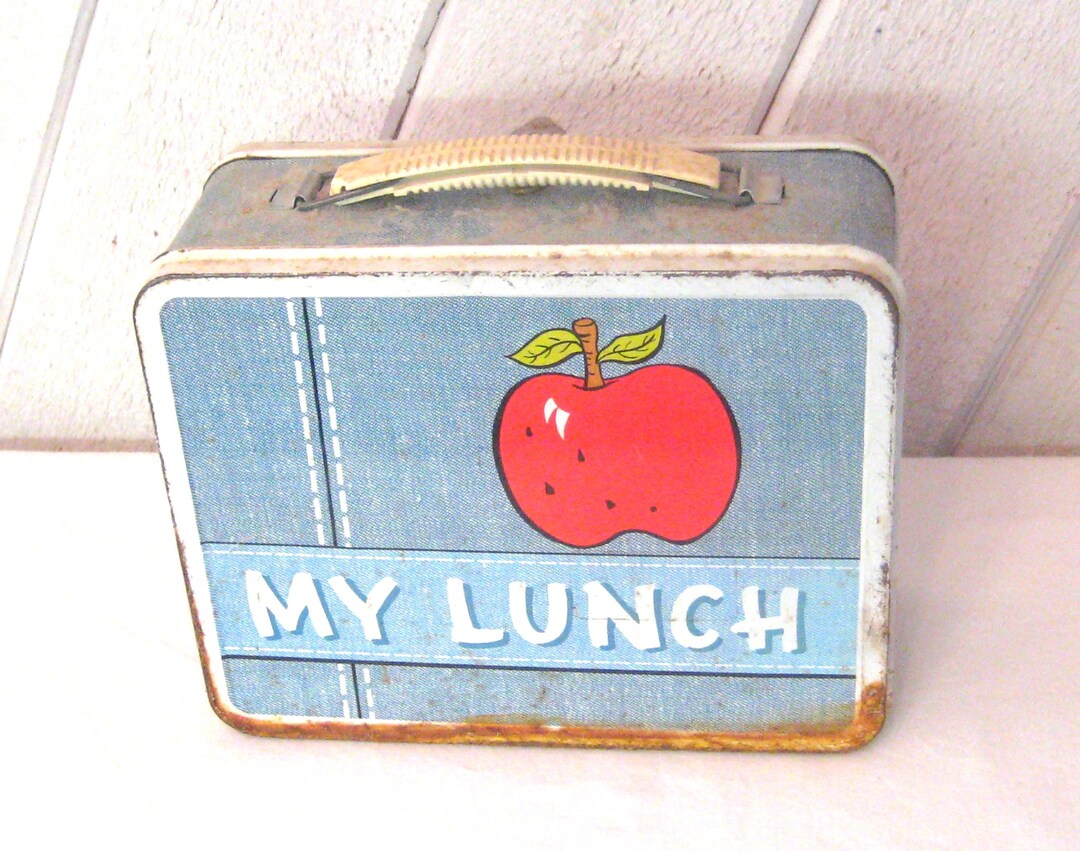 Vintage Metal Lunch Box, Ohio Art, Light Blue Faux Denim, Red Apples ...