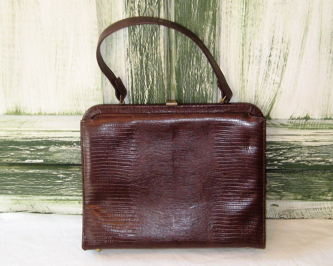 Vintage Brown Lizard Handbag, Top Handle Leather Bag, Mid Century 40s ...