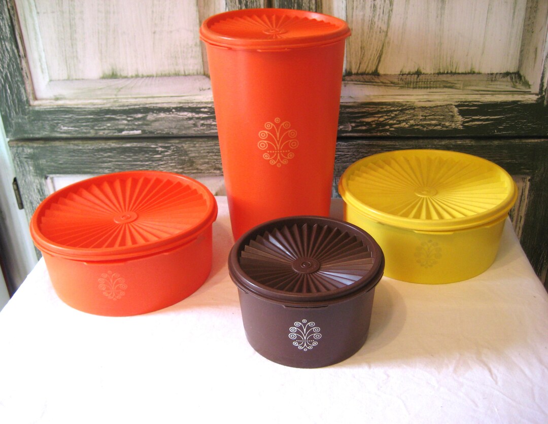 Vintage Tupperware Single Cannister, Tall Short Orange Yellow Brown ...
