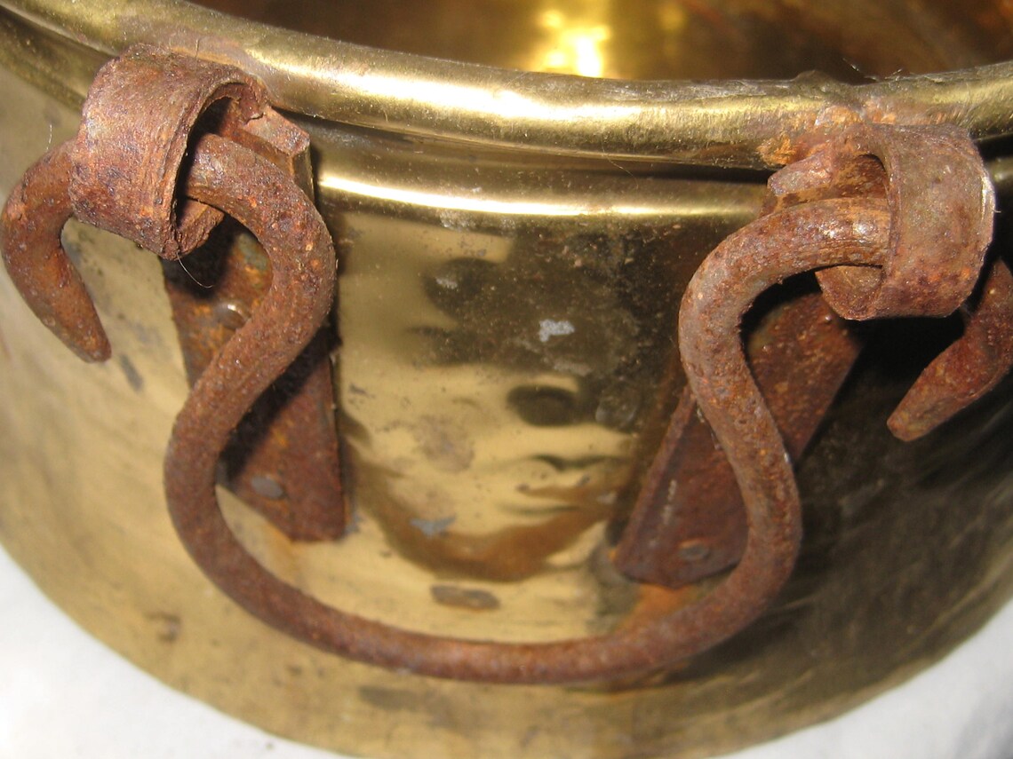 Decorative Brass Indoor Planter, Rusty Handles, Hammered Brass ...