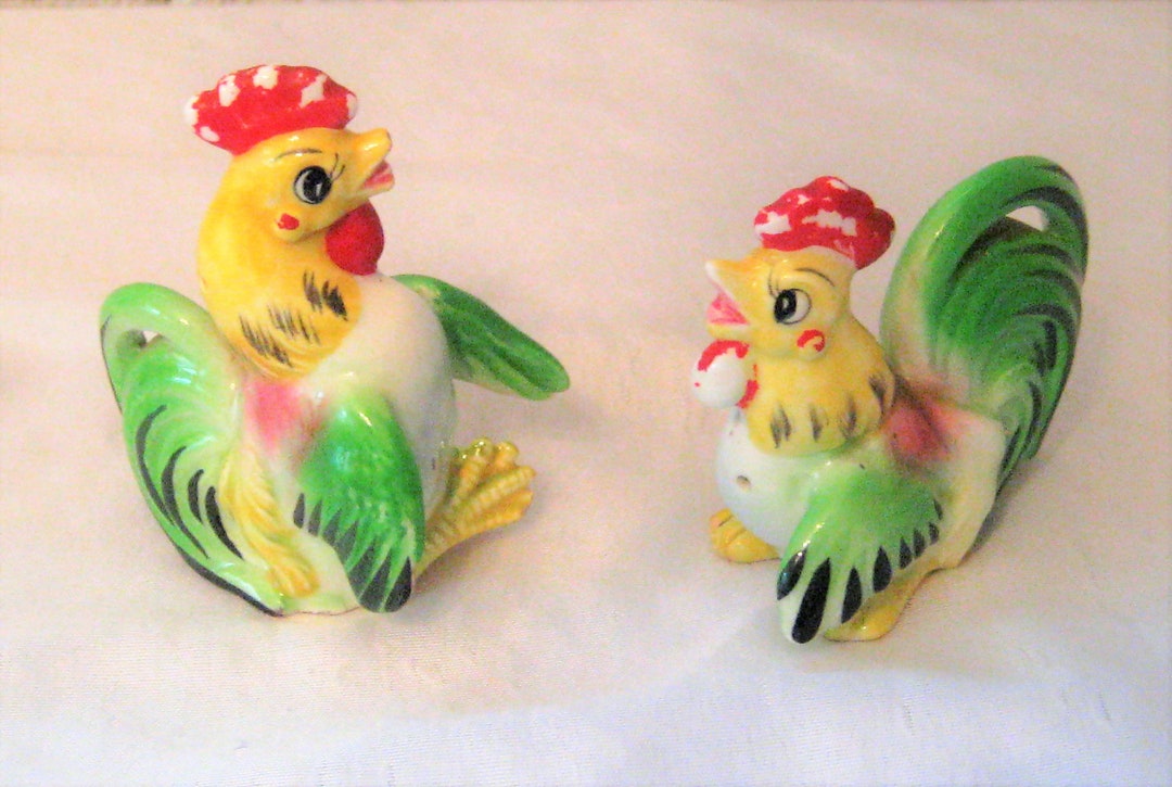 Vintage Rooster Salt and Pepper Shakers, Colorful, Lime Green, Yellow ...