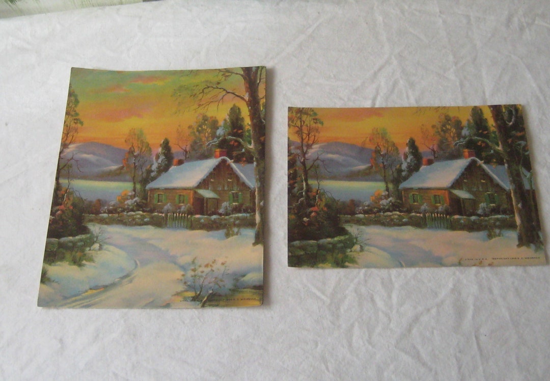 Antique Lithograph Print of Cottage in Winter, Snow Landscape Country ...