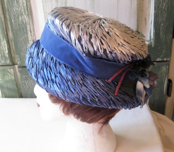 Vintage royal blue and silver summer hat, large fake … - Gem