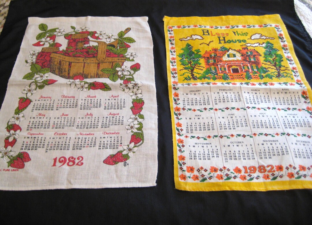 Vintage 1982 Kitchen Towel Wall Calendar, Red Strawberries in Basket ...