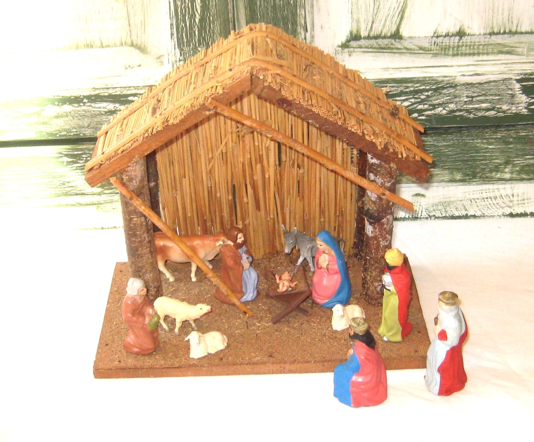 Antique Nativity Set Wood Straw Tree Limbs Manger Barn - Etsy
